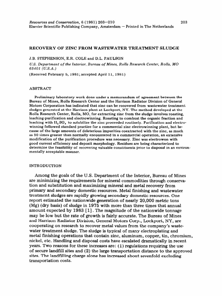 Of Zinc From Wastewater Treatment Sludge: Resources and Conservation, 6 ...