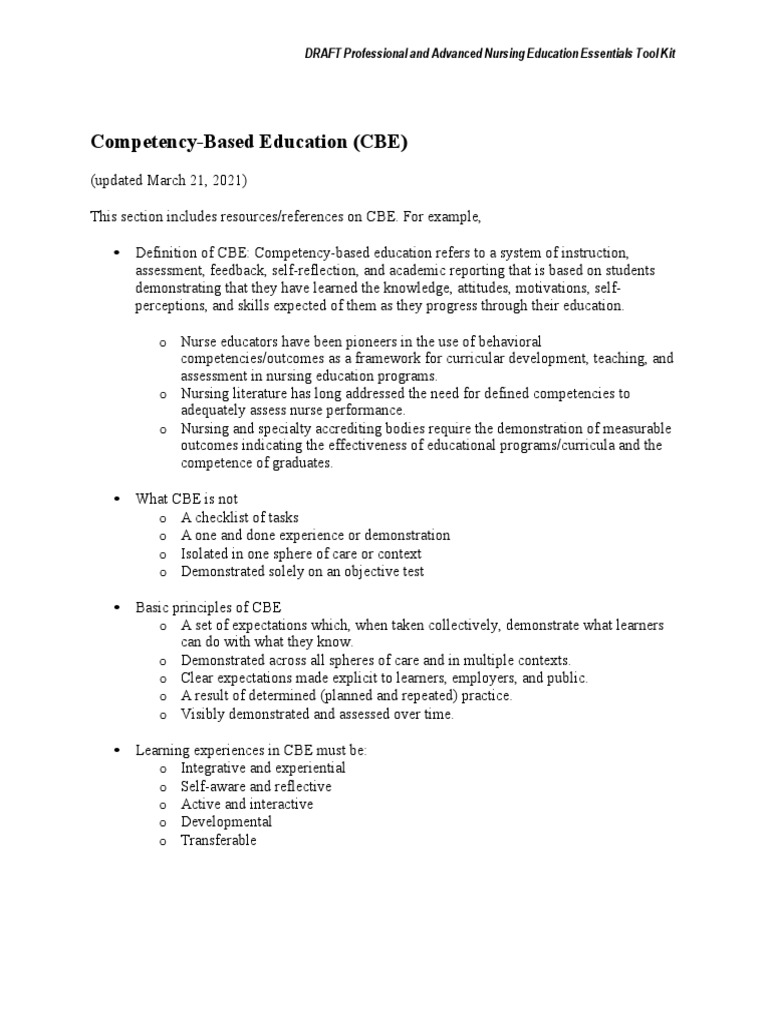 Competency-Based Education (CBE) : DRAFT Professional and Advanced ...