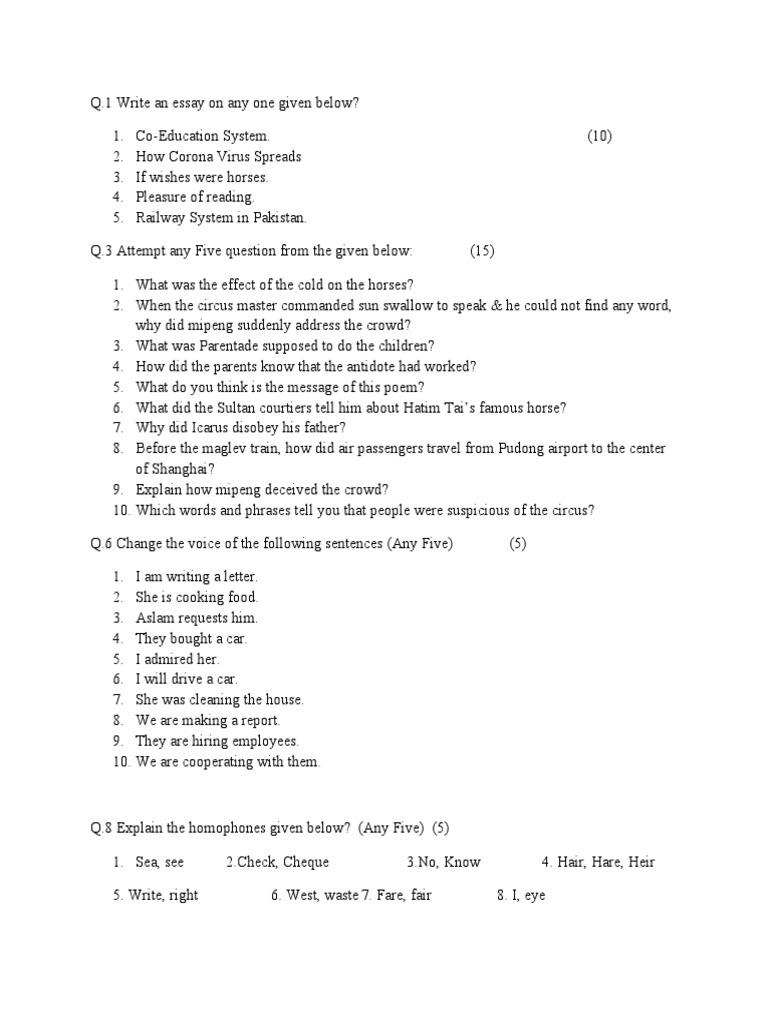 8th Class Question Paper | PDF | Linguistics