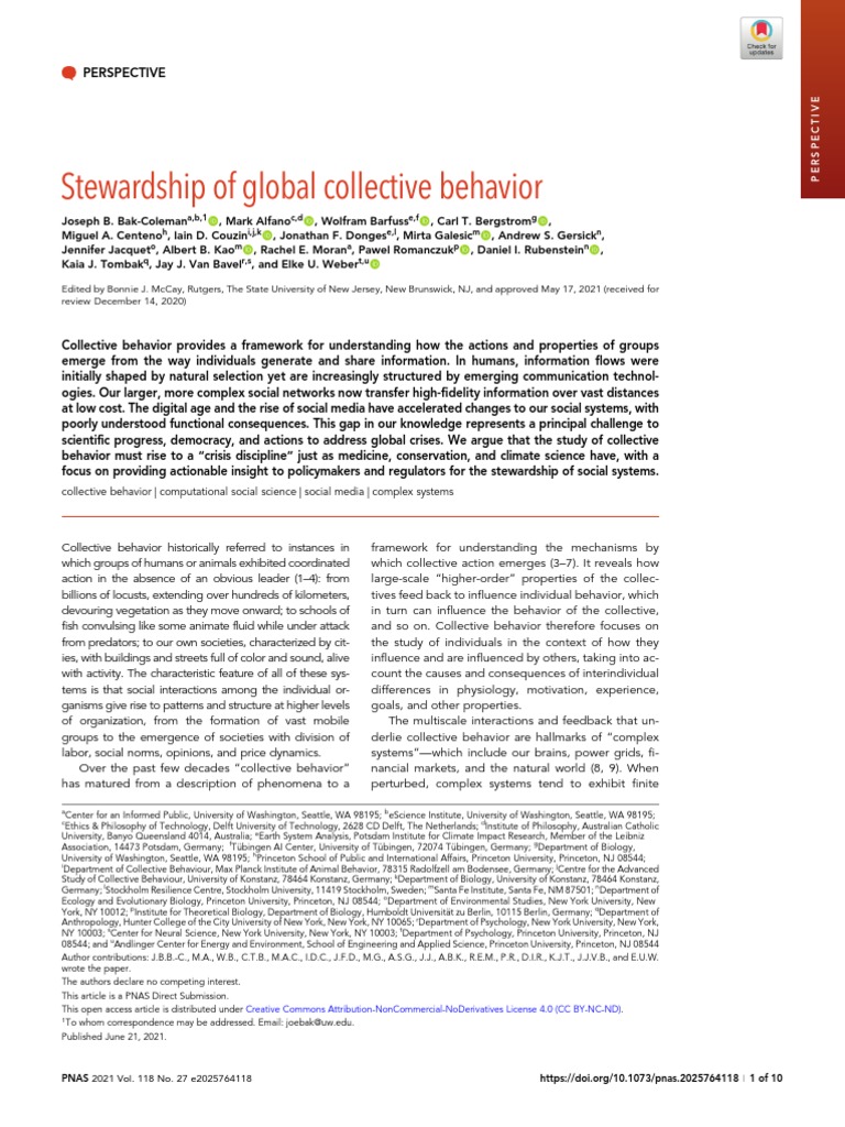 Stewardship of Global Collective Behavior: Perspective | PDF ...