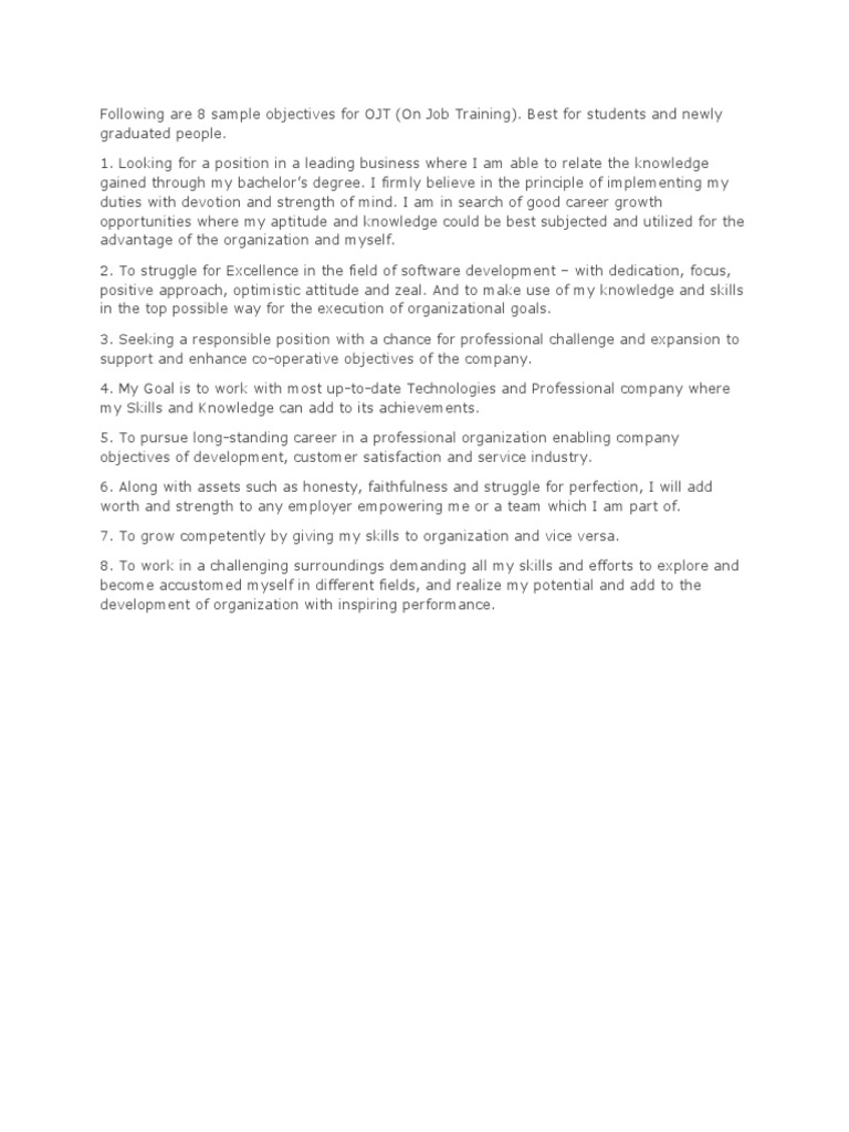 Following Are 8 Sample Objectives For OJT | PDF