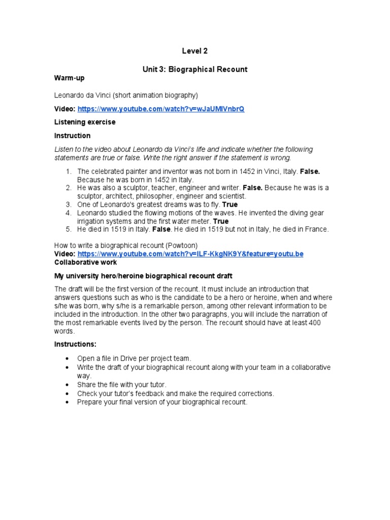 Level 2 Unit 3: Biographical Recount: Warm-Up | PDF | Leonardo Da Vinci ...