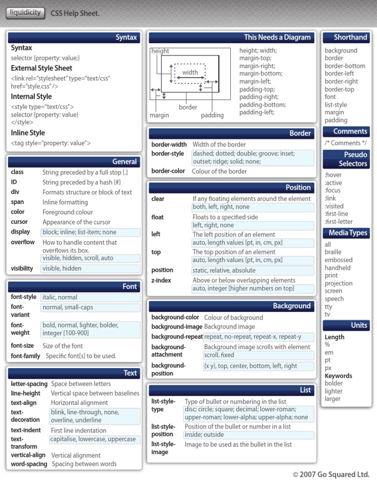 CSS Help Sheet | PDF | Cascading Style Sheets | Typography