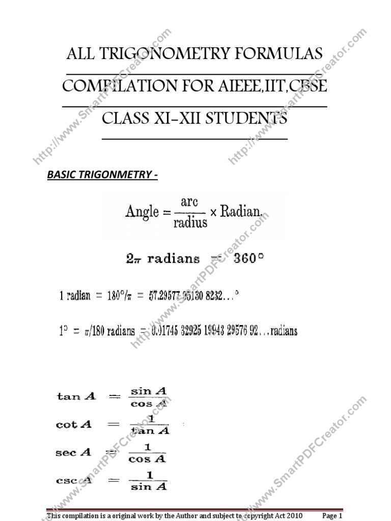 All Trigonometry Formulas Compilation For Aieee, Iit, Cbse Class Xi-Xii ...