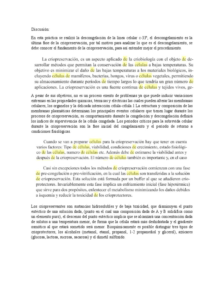 Discusión Criopreservación | PDF | Ósmosis | Biología Celular)