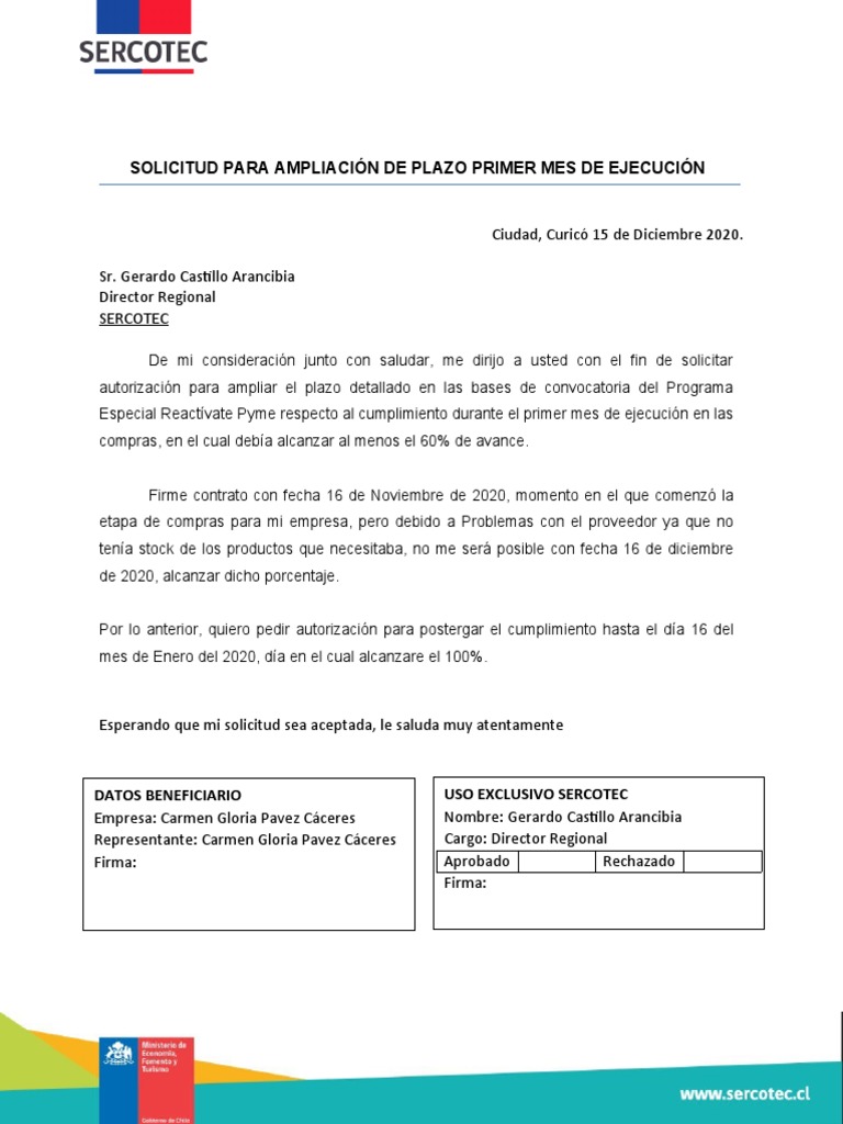 Solicitud de Ampliación de Plazo Bajo El 60% | PDF