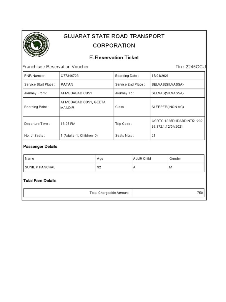 GSRTC Bus Ticket From AHMEDABAD TO SELVAS SUNILBHAI | PDF | Fare ...
