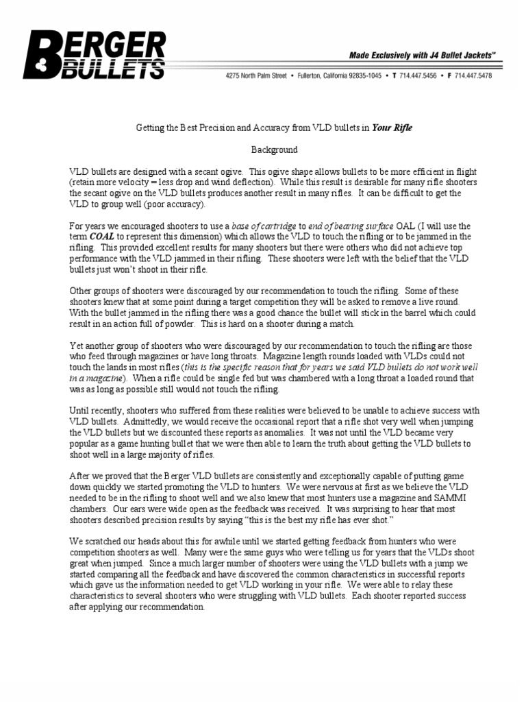 Berger Tips For Loading VLD Bullets, by Eric Stecker | PDF | Bullet | Rifle