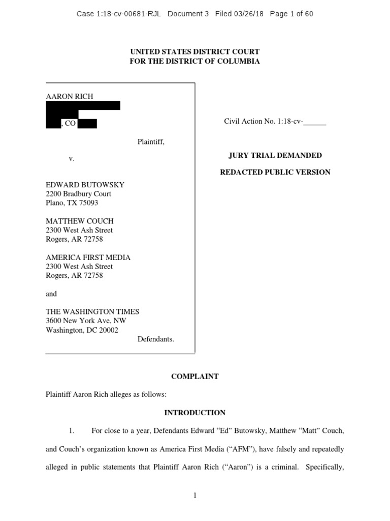 Aaron Rich DC Suit: Case 1:18-cv-00681-RJL | PDF | Wiki Leaks | Justice