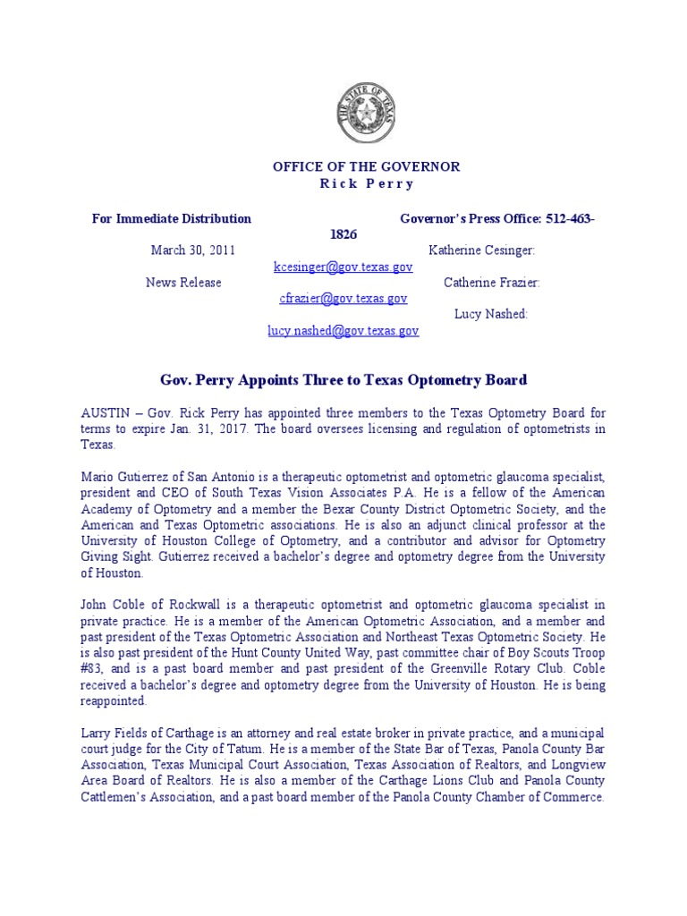 DR John Coble Appointed To Texas Optometry Board 3-30-11 | PDF ...