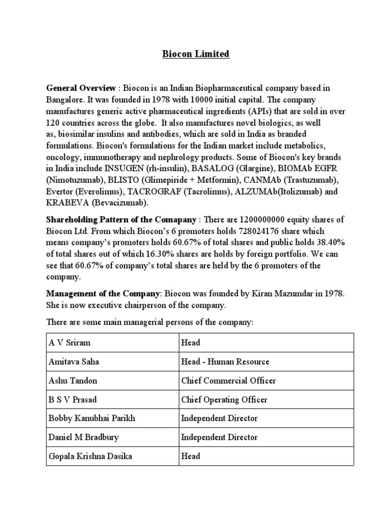 Biocon Limited: General Overview: Biocon Is An Indian Biopharmaceutical ...