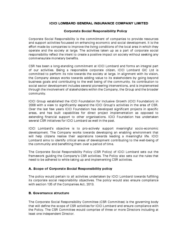 CSR - Policy of Icici | PDF | Corporate Social Responsibility | Poverty ...