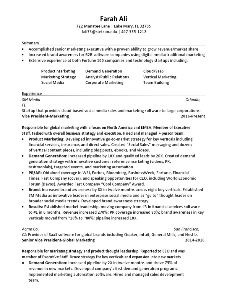 Marketing Executive Level Resume MBA 2 | PDF | Marketing | Brand