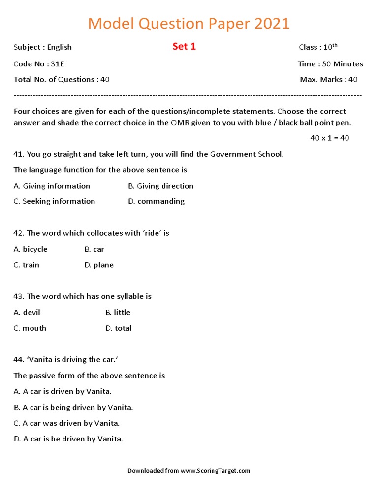 Class 10 English Model Question Paper | PDF | English Language | Part ...
