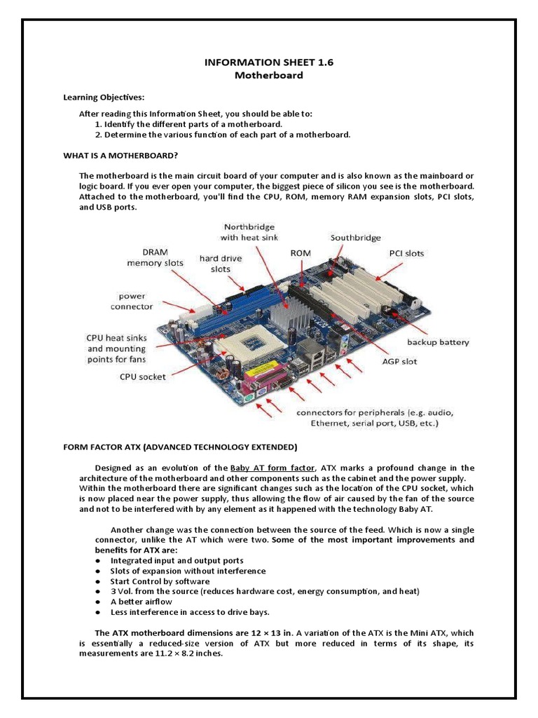 Information Sheet 1.6 Motherboard: Learning Objectives | PDF | Usb ...