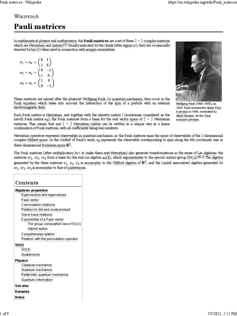 Pauli Matrices - Wikipedia | PDF | Matrix (Mathematics) | Spin (Physics)