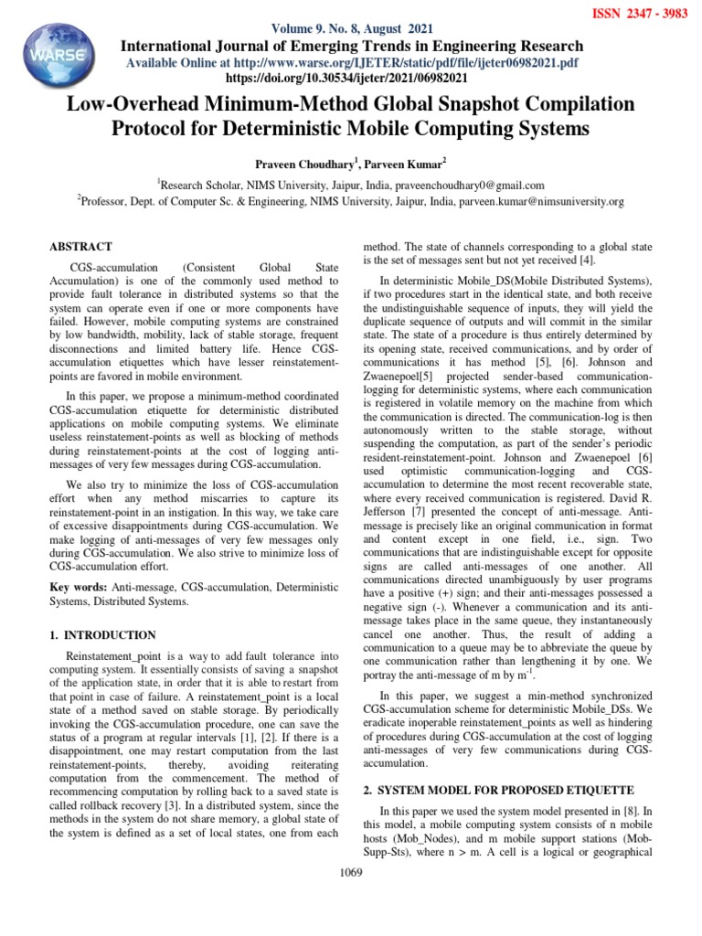 Low-Overhead Minimum-Method Global Snapshot Compilation Protocol For Deterministic Mobile ...