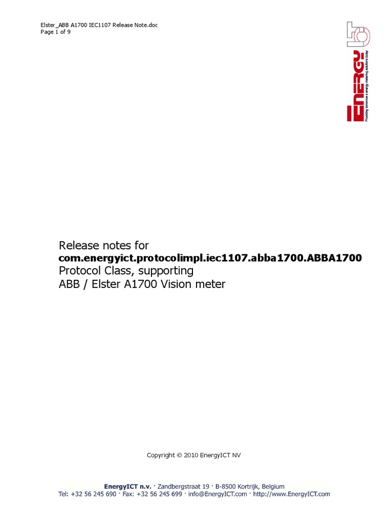 Release Notes For Protocol Class, Supporting ABB / Elster A1700 Vision ...