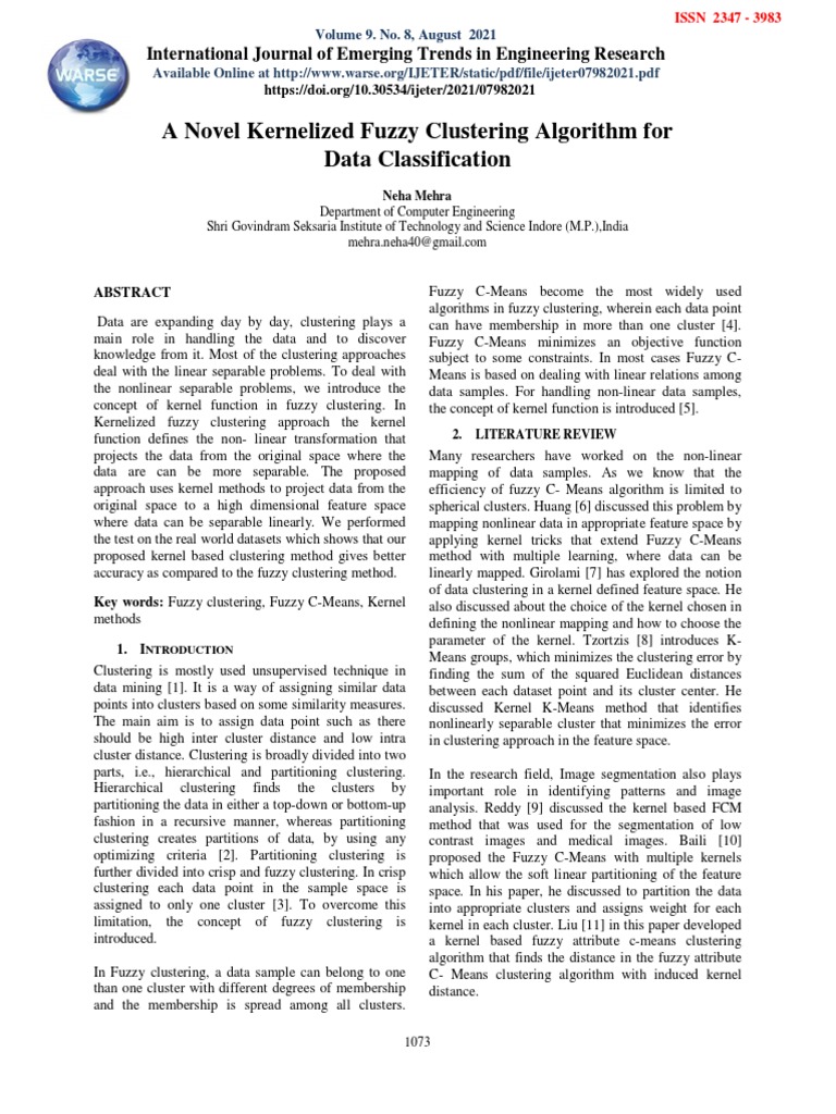 A Novel Kernelized Fuzzy Clustering Algorithm For Data Classification | PDF | Cluster Analysis ...