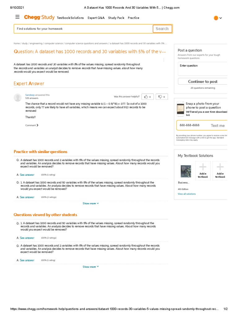 Question: A Dataset Has 1000 Records and 30 Variables With 5% of The V ...