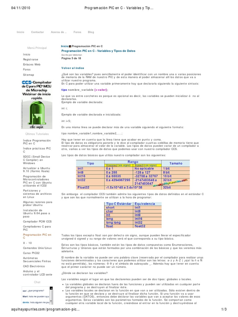 Programación PIC en C - Variables y Tipos de Datos | Descargar gratis PDF | Tipo de datos | Poco
