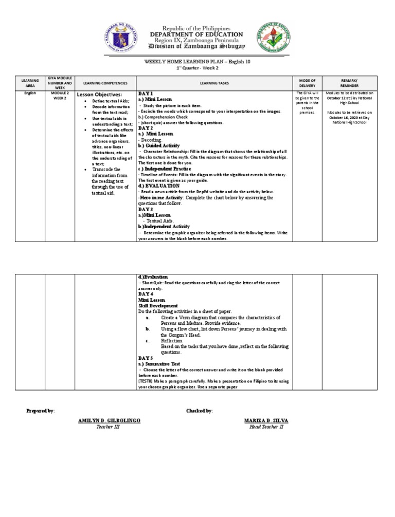 Weekly Home Learning Plan - Week 2 | PDF | Neuropsychological ...