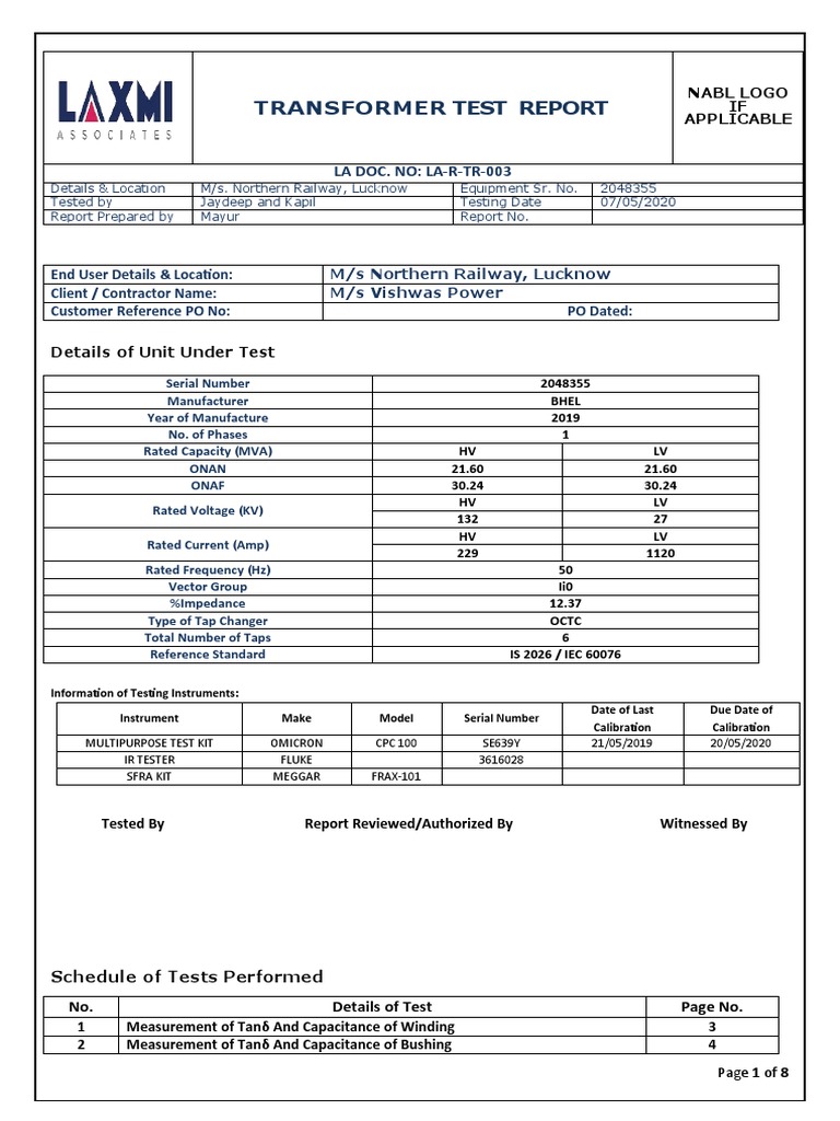 Transformer Test Report: LA DOC. NO: LA-R-TR-003 | Download Free PDF ...