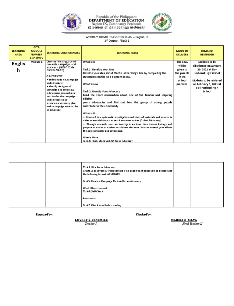 ENGLISH 10 WEEKLY HOME LEARNING PLAN - 2nd QRTR Module 1 | PDF ...