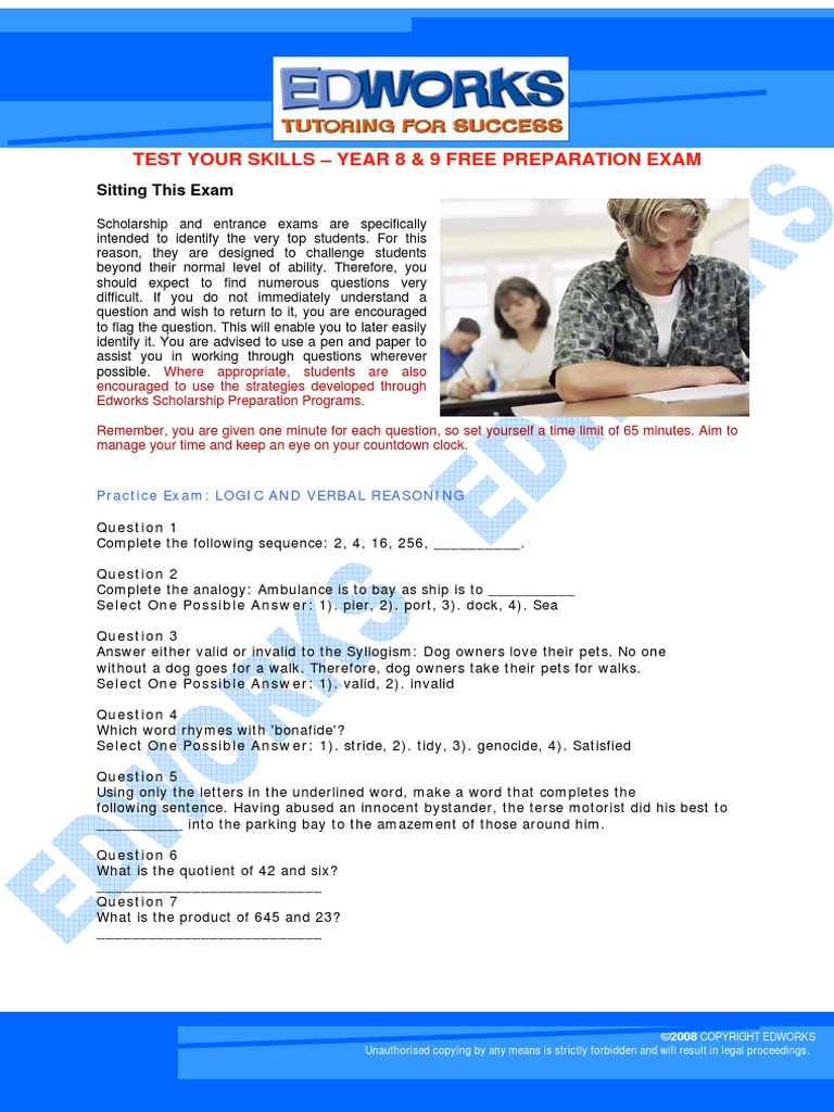 Test Your Skills - Year 8 & 9 Free Preparation Exam | PDF