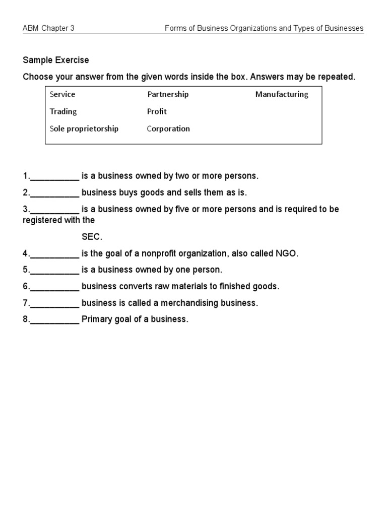 ABM Chapter 3 - Forms of Business Organizations and Types of Businesses ...
