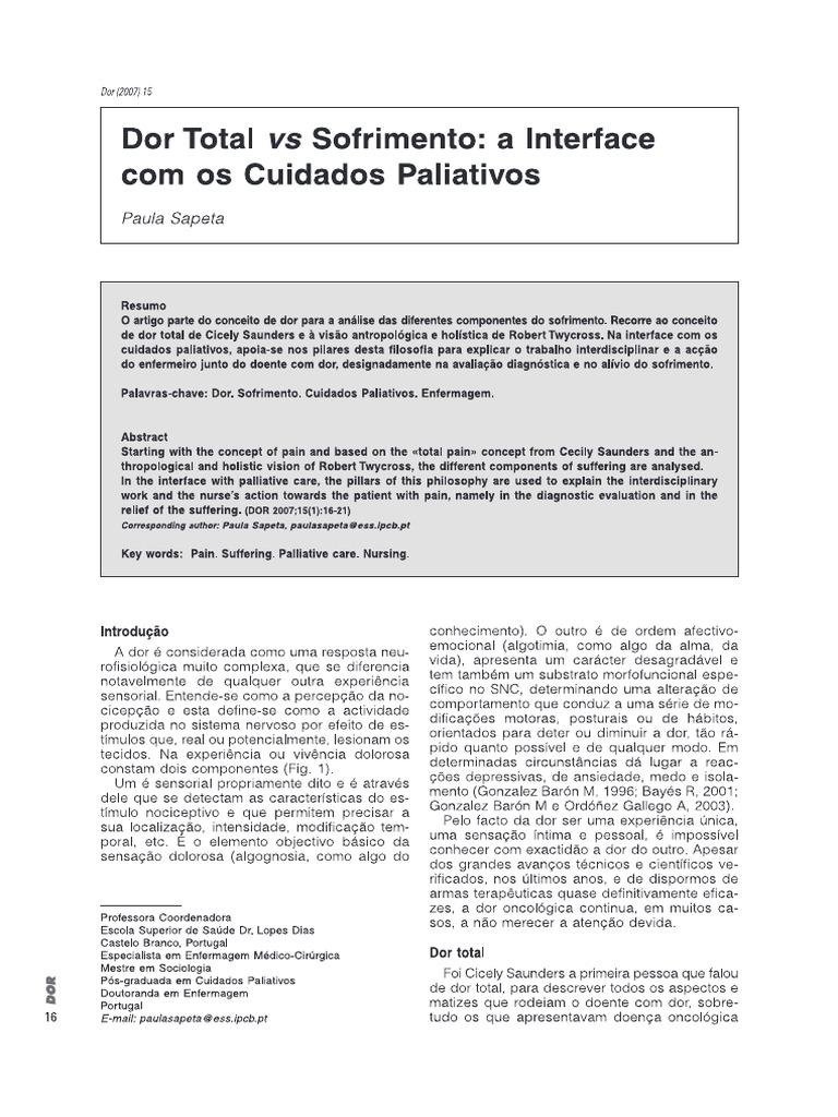 Dor Toal Vs Sofrimento Interface Com Os Cuidados Paliativos | PDF