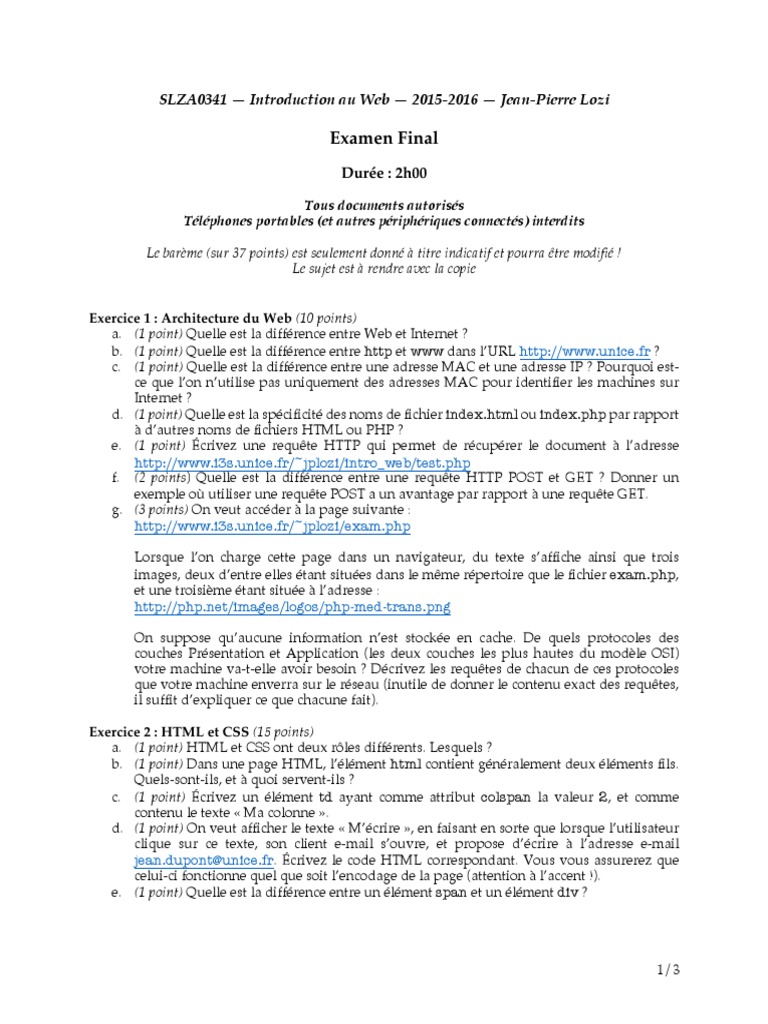 Examen Final Web 2015-2016 | PDF | Internet | Internet et Web