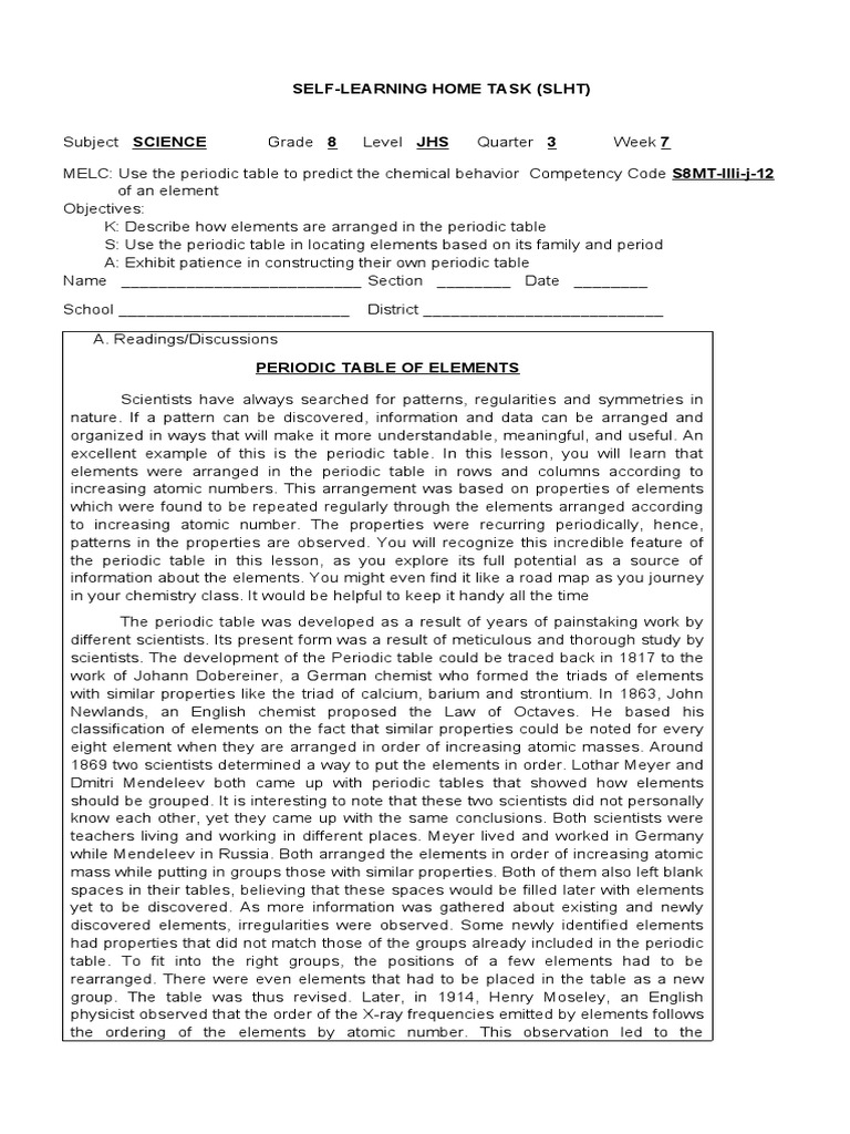 Self-Learning Home Task (SLHT) | PDF | Periodic Table | Chemical Elements