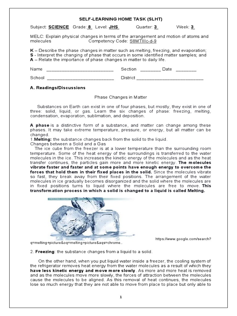 SLHT Sci 8 Q3 Wk3 | PDF | Evaporation | Phase (Matter)