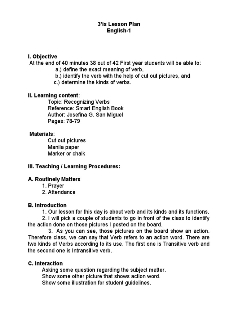 LESSON - PLAN - ENGLISH Sample | PDF | Verb | Lesson Plan