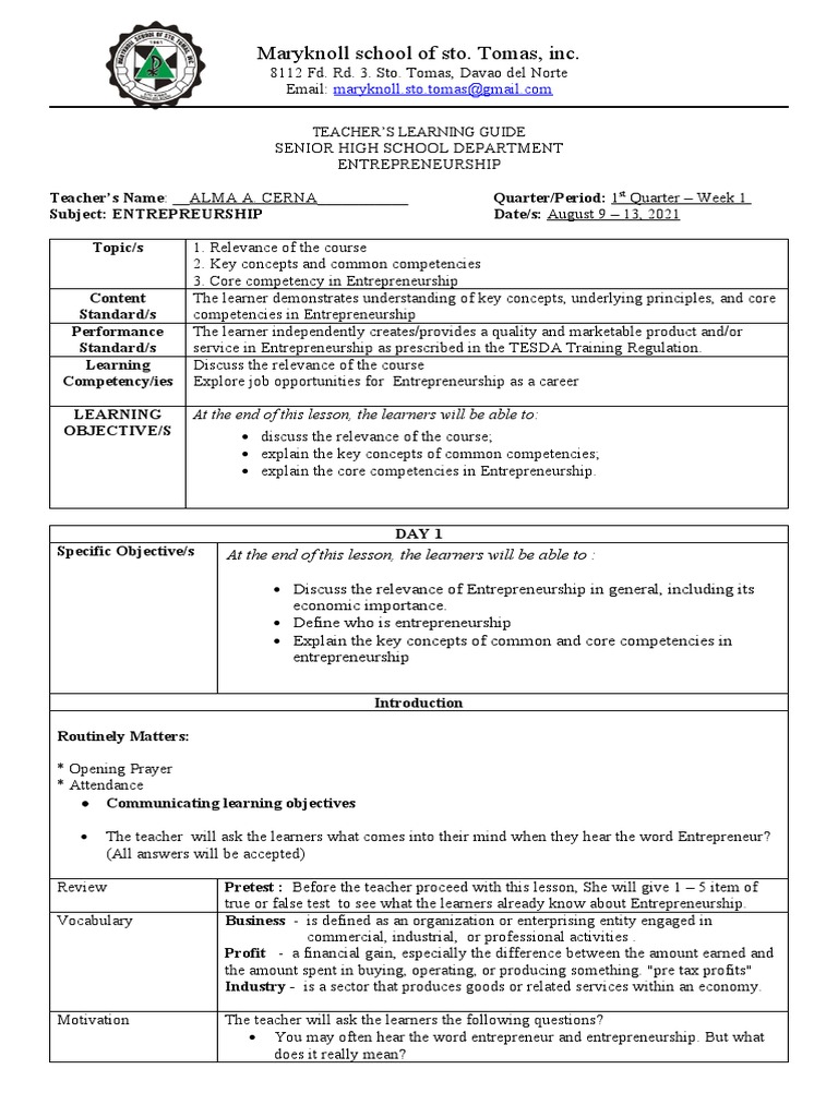 Teachers-Learning-Guide - Entrepreneurship | PDF | Entrepreneurship ...