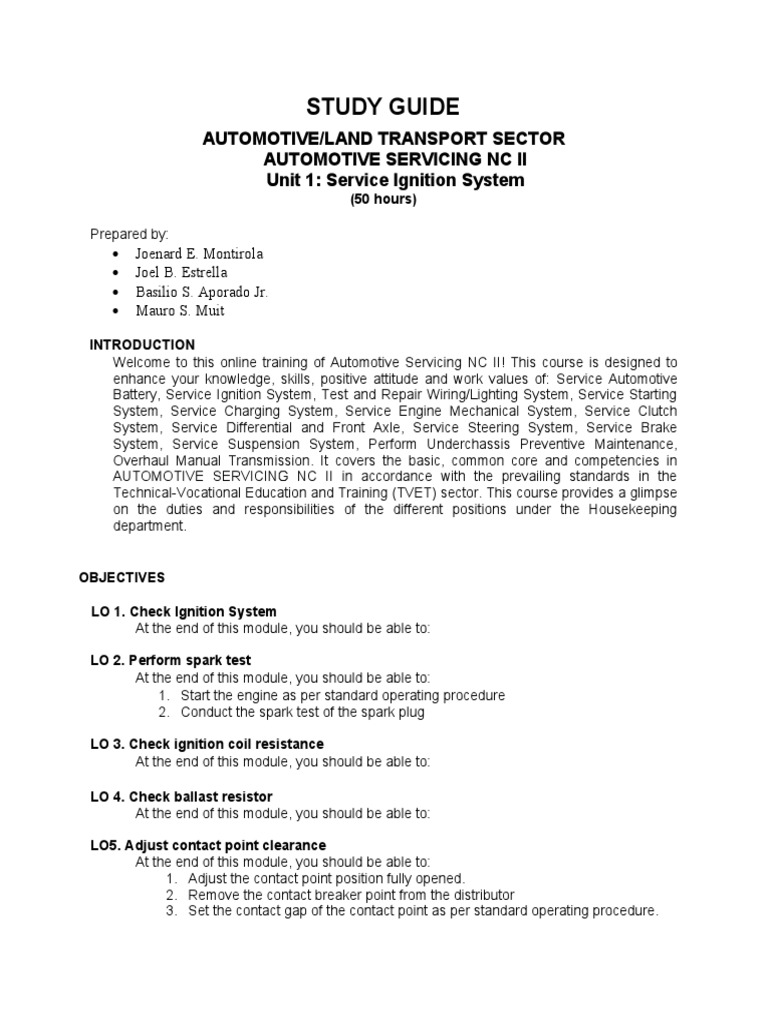 Automotive Servicing NC II Study Guide | PDF | Ignition System ...