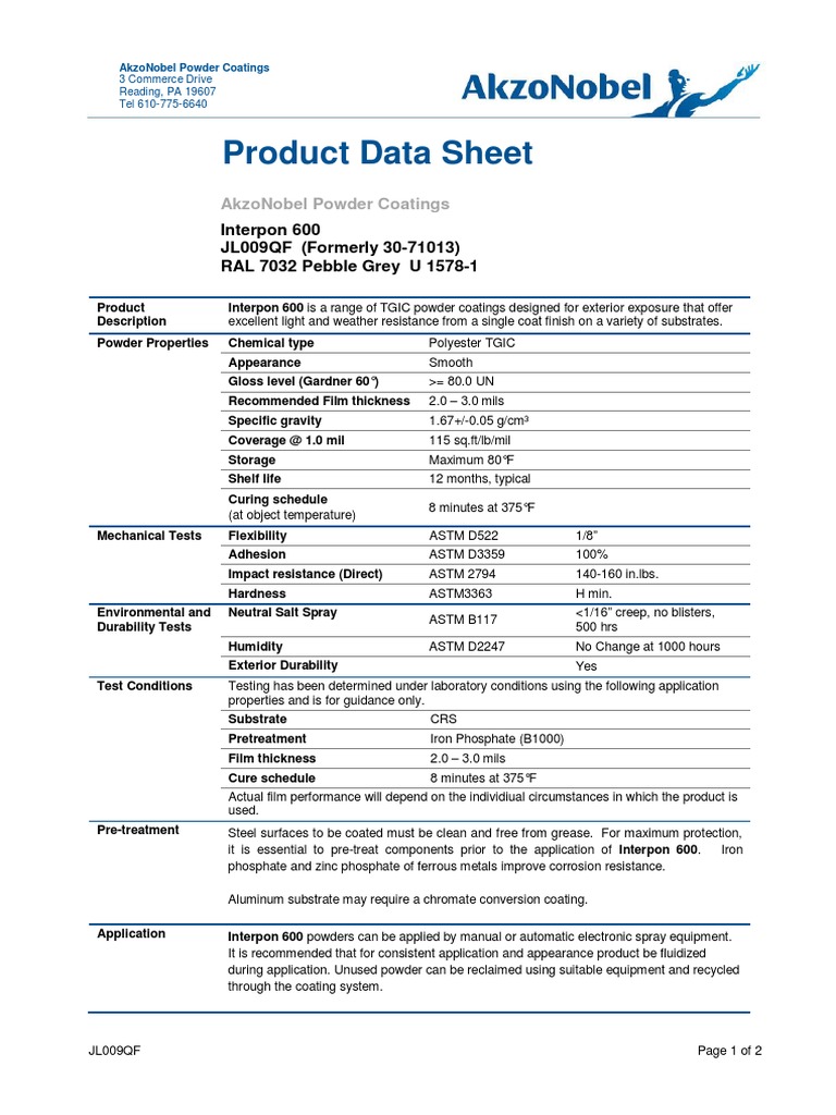 Product Data Sheet: Akzonobel Powder Coatings | PDF | Materials | Chemical Substances