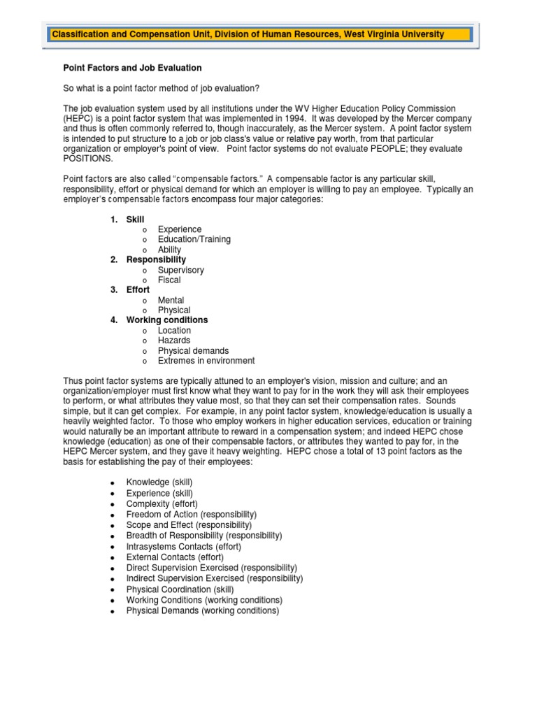 HEPC Job Evaluation Point Factors | PDF | Employment | Human Resources