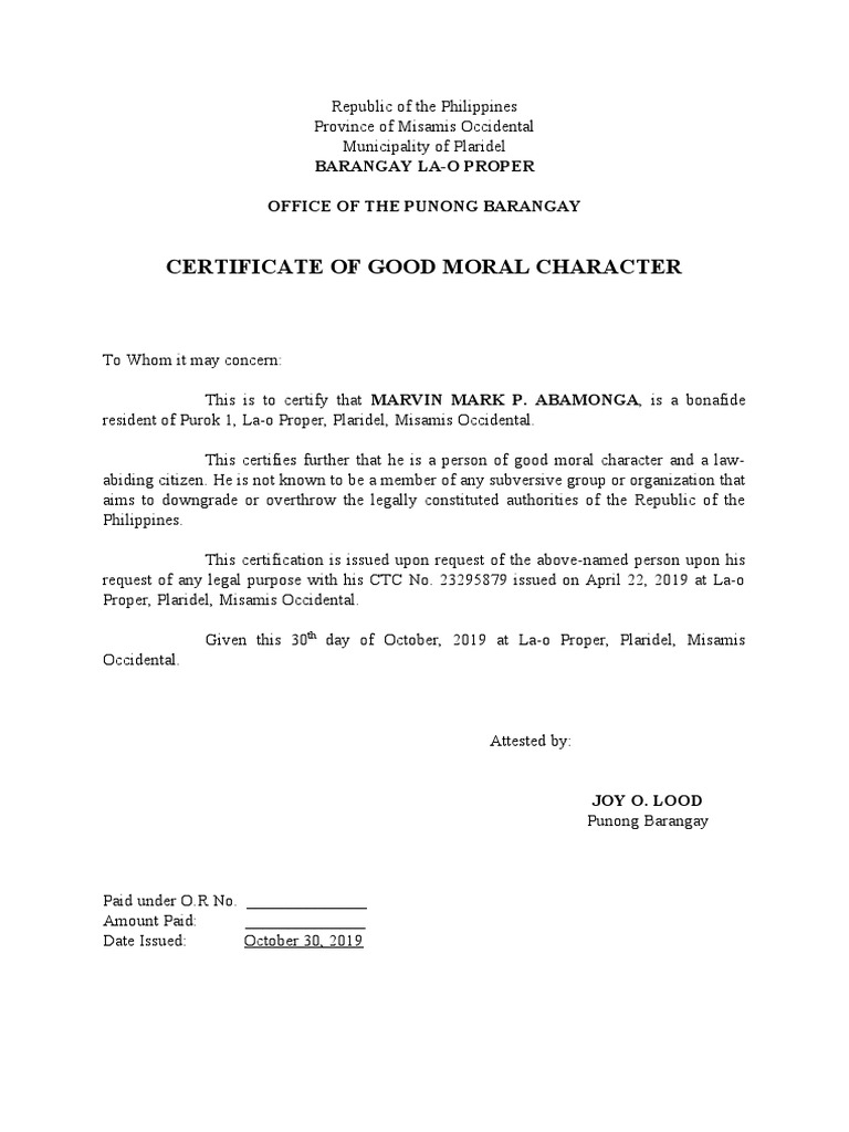 Certificate of Good Moral Character | PDF
