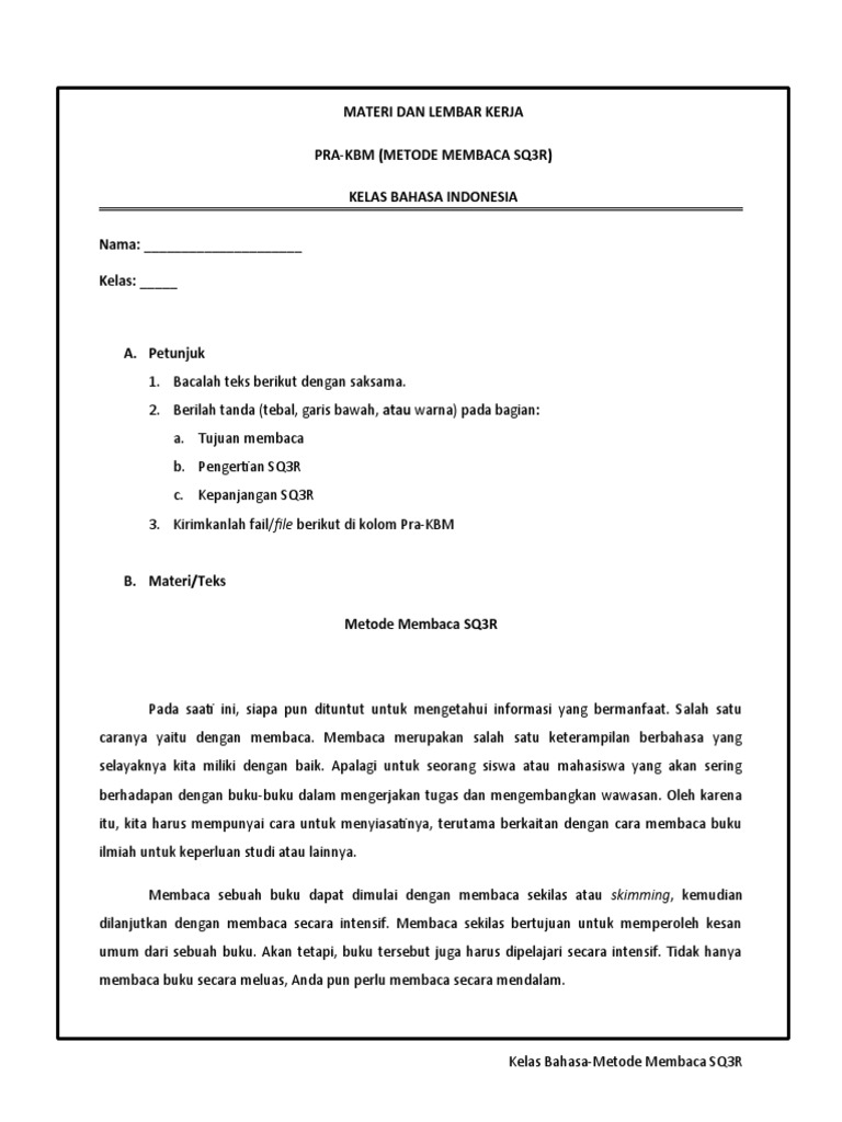Pra-KBM (Metode Membaca SQ3R) | PDF