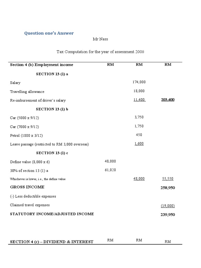Question One's Answer: MR Nass Tax Computation For The Year of ...