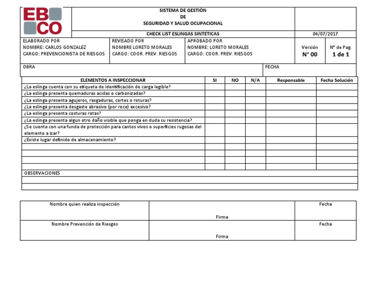 Check List Eslingas Sinteticas | PDF