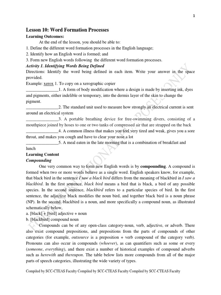Lesson 10: Word Formation Processes: Learning Outcomes | PDF | Adverb ...