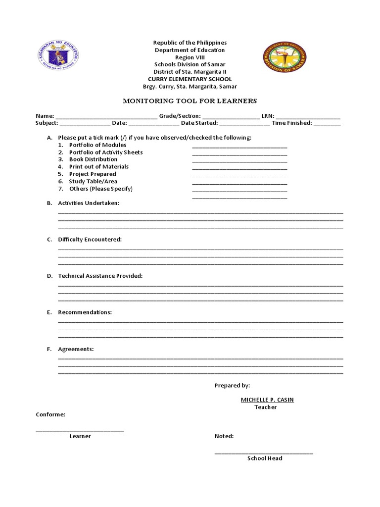Monitoring Tool For Learners: Curry Elementary School | PDF | Learning