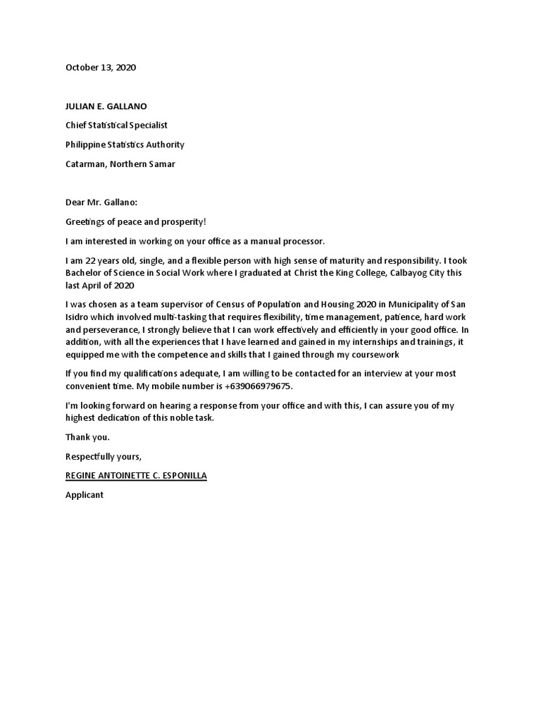 Application Letter For Manual Processor | PDF