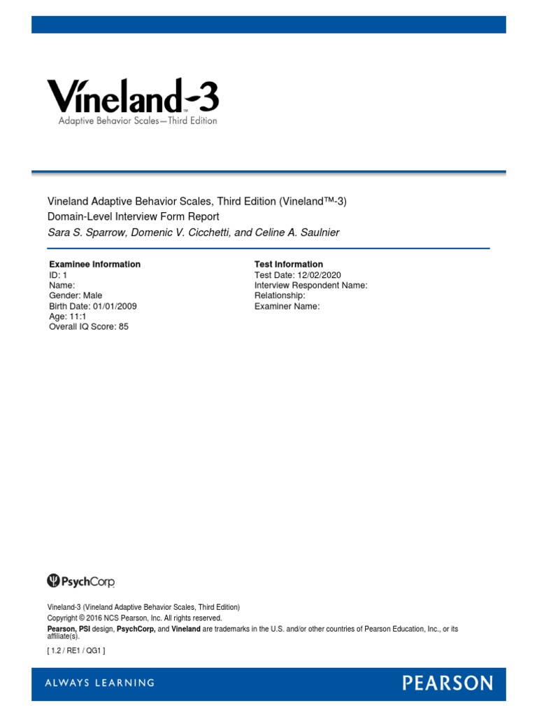 Vineland Adaptive Behavior Scales, Third Edition (Vineland™-3) Domain ...