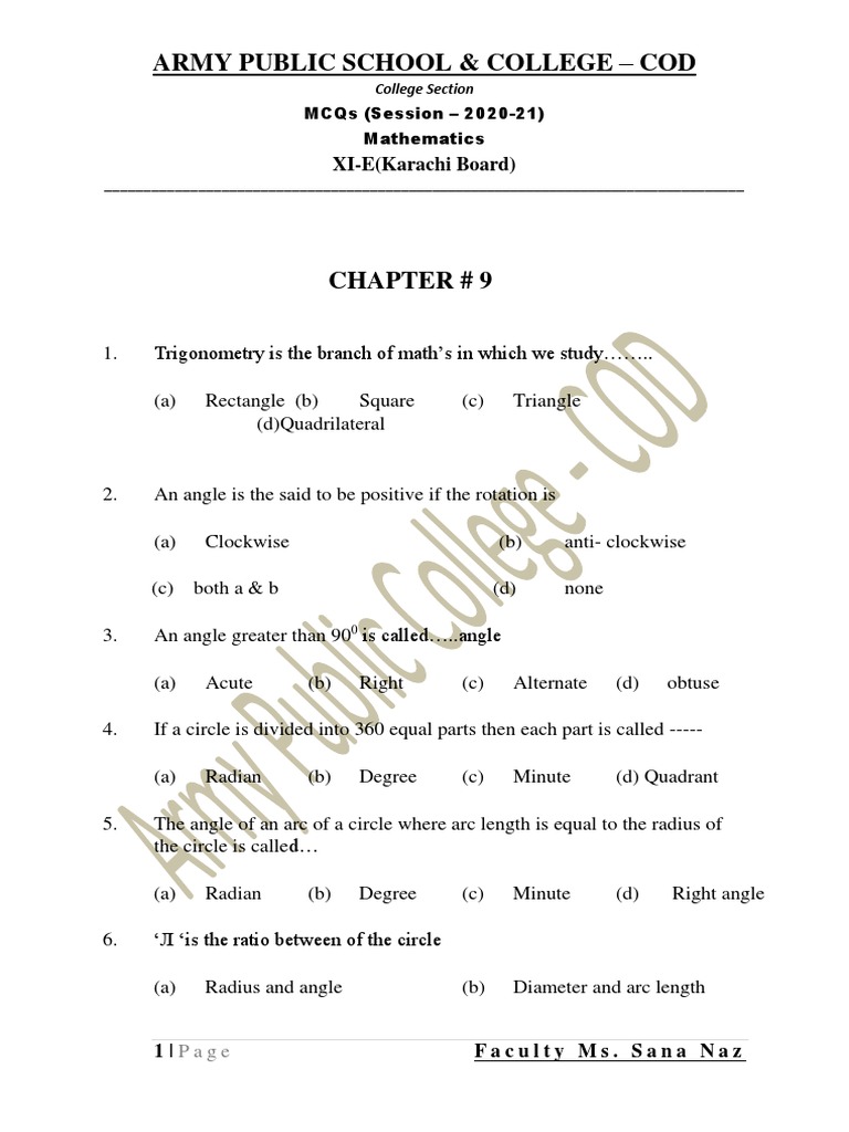 Trigonometry MCQs for Class XI | PDF | Triangle | Sine