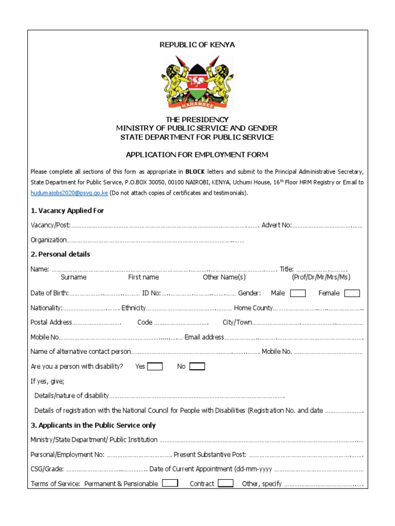 Application Form For The Vacant Positions at Huduma Kenya Secretariat | PDF