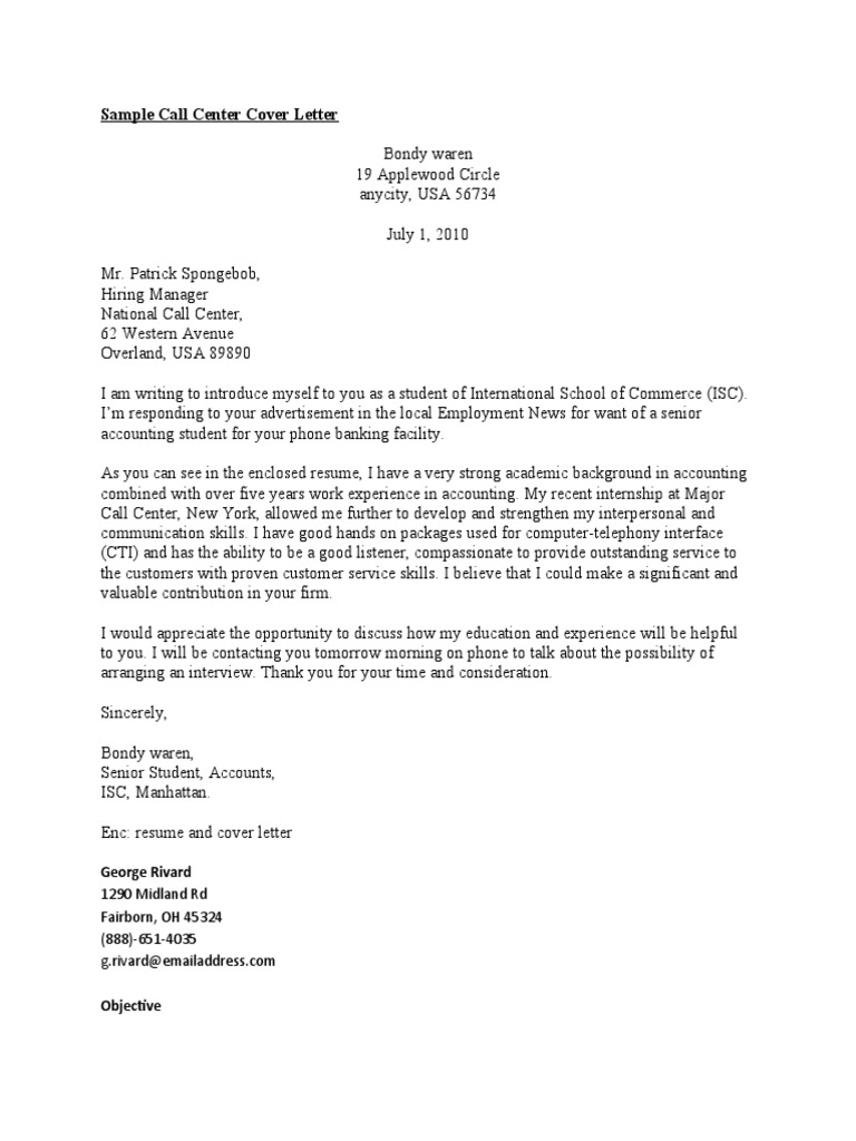 Sample Call Center Cover Letter | Download Free PDF | Call Centre ...